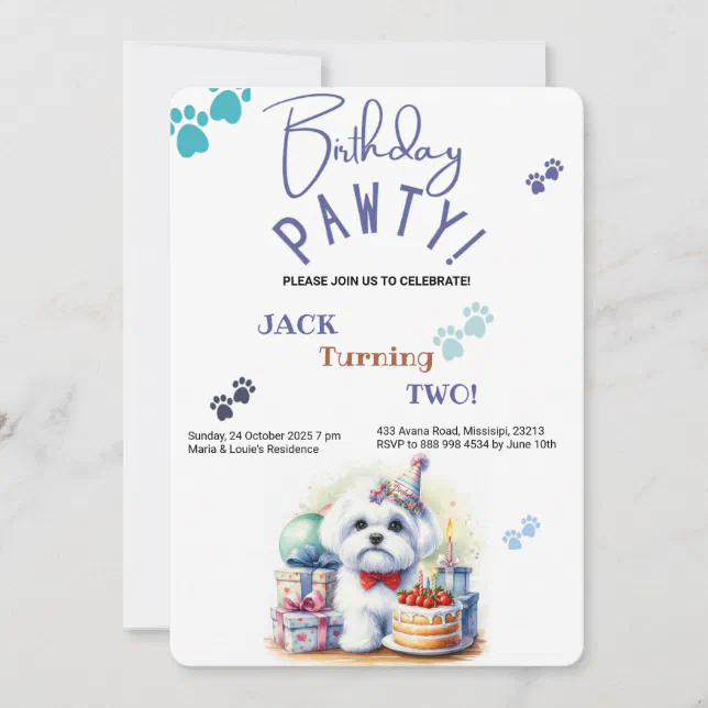 Birthday Pawty Maltese Dog Personalised Birthday Invitation | Zazzle