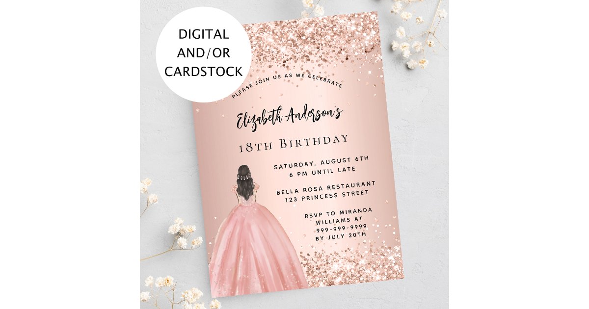 Birthday rose gold confetti princess dress invitation | Zazzle