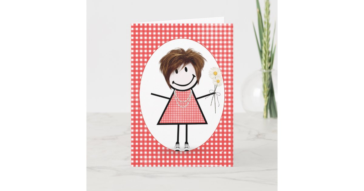 Birthday Stick Figure Girl On Red Gingham Card | Zazzle