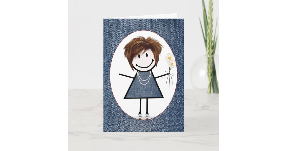 Birthday Stick Figure Girl with Daisies Card | Zazzle
