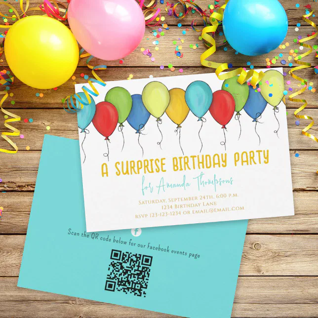 Birthday Surprise Party Balloons QR Code Facebook Invitation | Zazzle