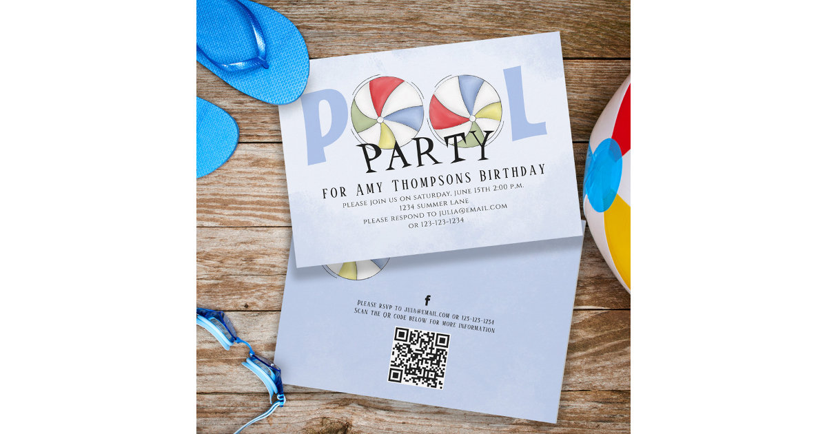 Birthday Whimsical Pool Party QR Code Social Media Invitation | Zazzle
