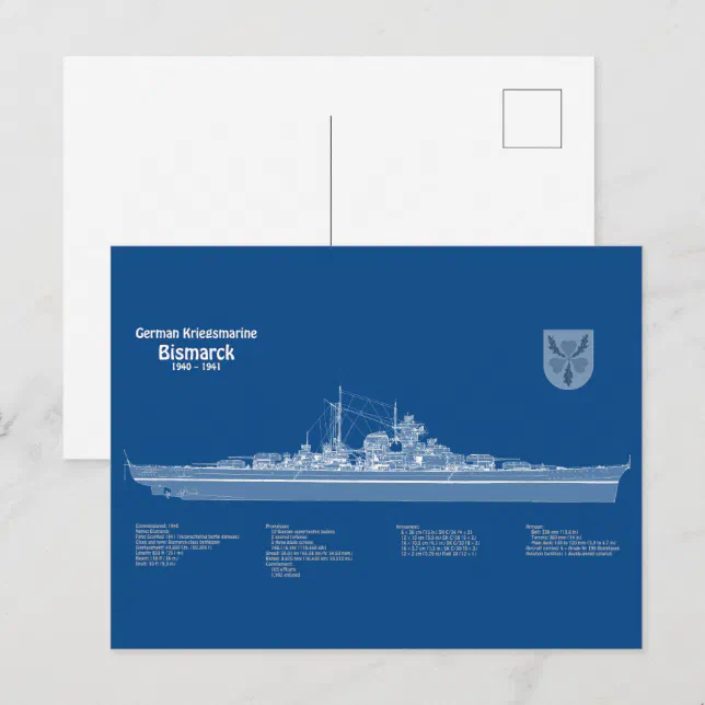 Bismarck - Battleship Blueprint Plans ABD Postcard | Zazzle