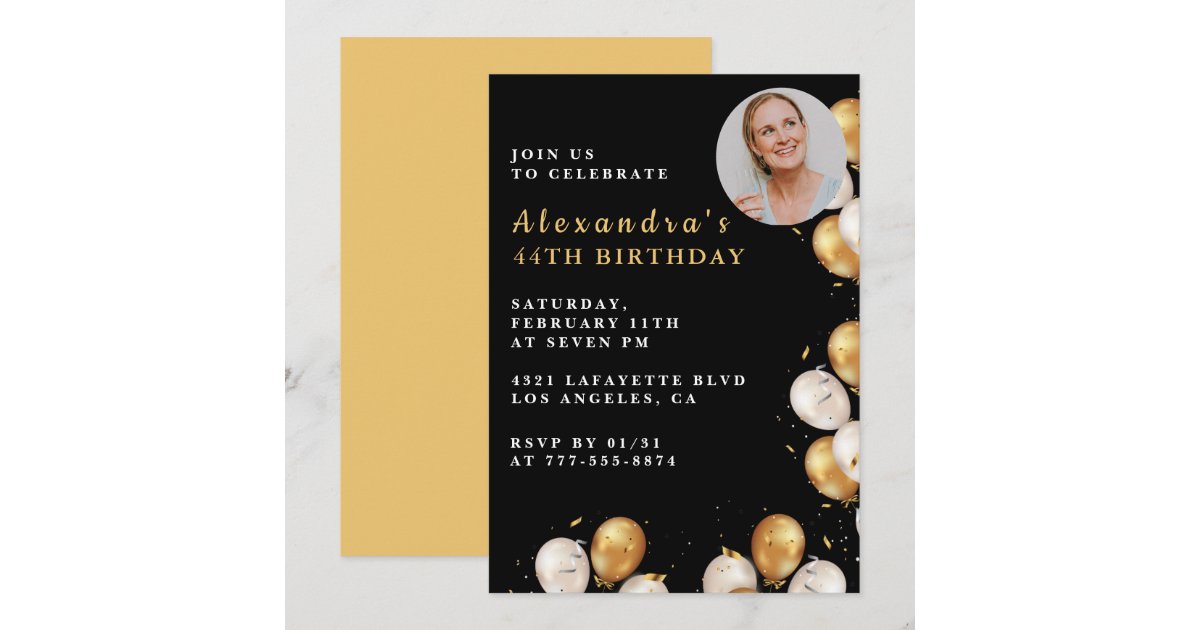 Black 44th birthday invitation Gold Balloon Photo | Zazzle