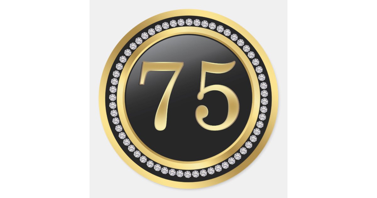 Black and gold, printed diamonds 75th Birthday Classic Round Sticker ...