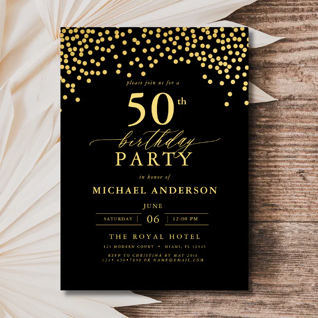 Black And Gold Script Fifty 50th Birthday Invitation | Zazzle