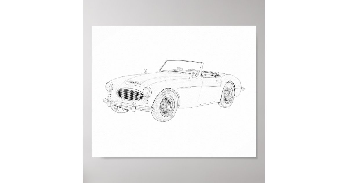 Black and White 1960 Austin Healey Drawing Poster | Zazzle