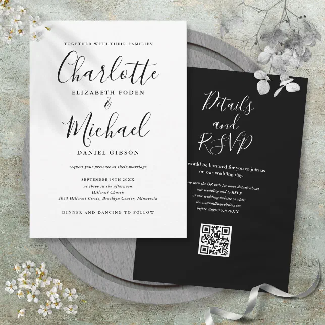 Black And White Elegant Script QR Code Wedding Invitation | Zazzle
