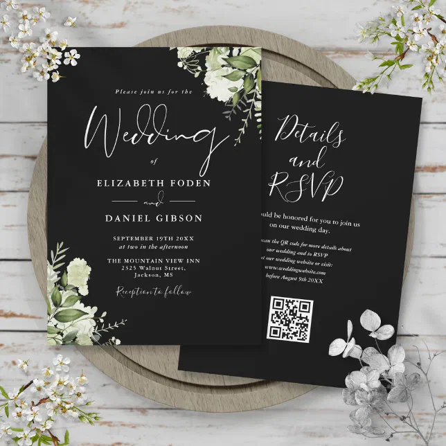 Black And White Greenery Floral QR Code Wedding Invitation | Zazzle