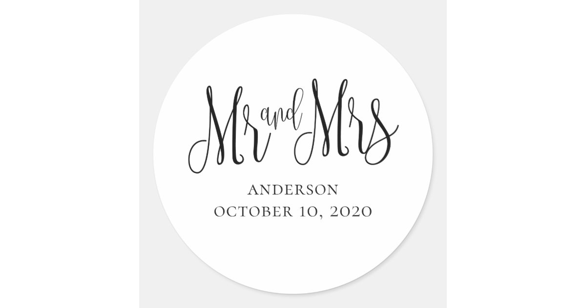 Black and white modern wedding. Mr and mrs simple Classic Round Sticker ...