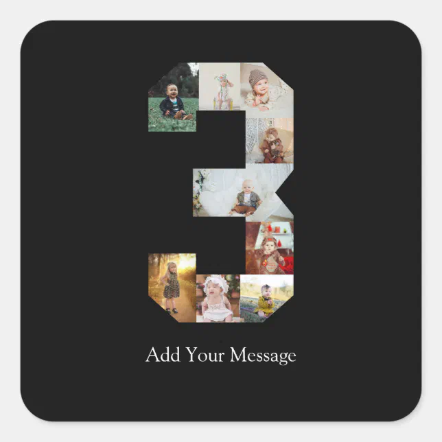 Black and White Number 3 Photo Collage Square Sticker | Zazzle