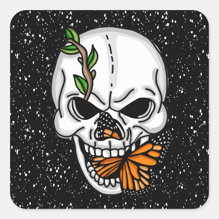 Black and White Skull with Monarch Butterfly Square Sticker | Zazzle