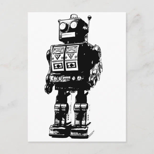 Black and White Vintage Robot Postcard | Zazzle