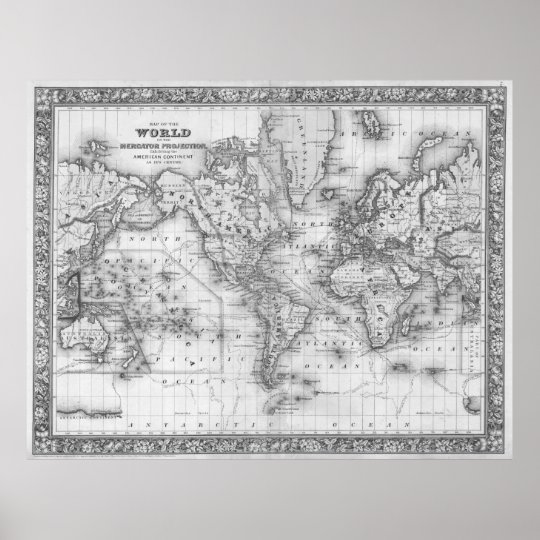 Black and White World Map (1864) Poster | Zazzle.co.uk