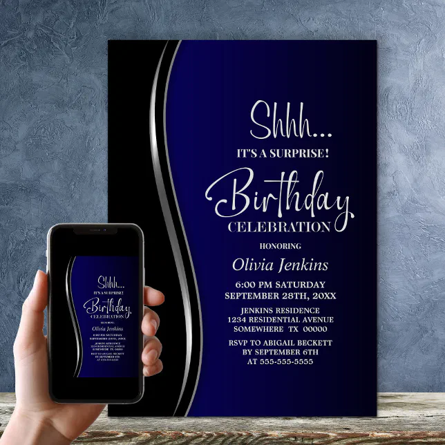 Black Blue Surprise Birthday Party Invitation | Zazzle