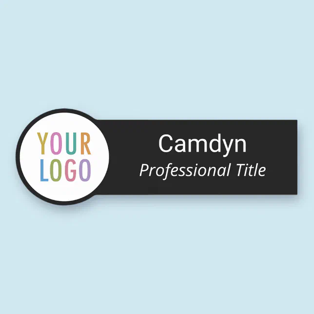 Black Circle Shaped Custom Business Logo Employee Name Tag | Zazzle