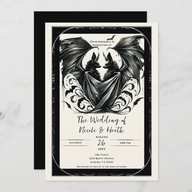 Black Cream Silver Gothic Love Bats Wedding Invitation | Zazzle