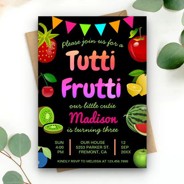 Black Cute Fruits Tutti Frutti Kids Birthday Party Invitation | Zazzle