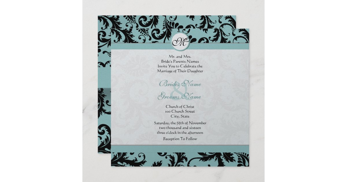 Black Damask Aqua Pool Blue Wedding Invitation | Zazzle