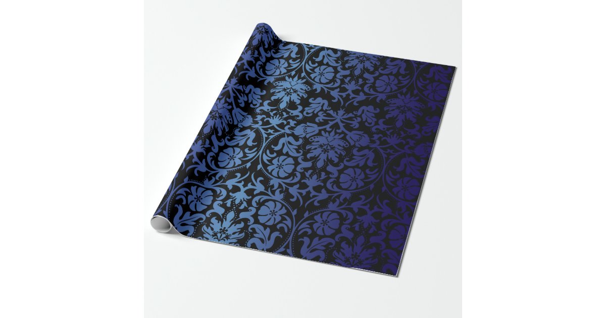 Black Damask Design | Dark Blue Wrapping Paper | Zazzle