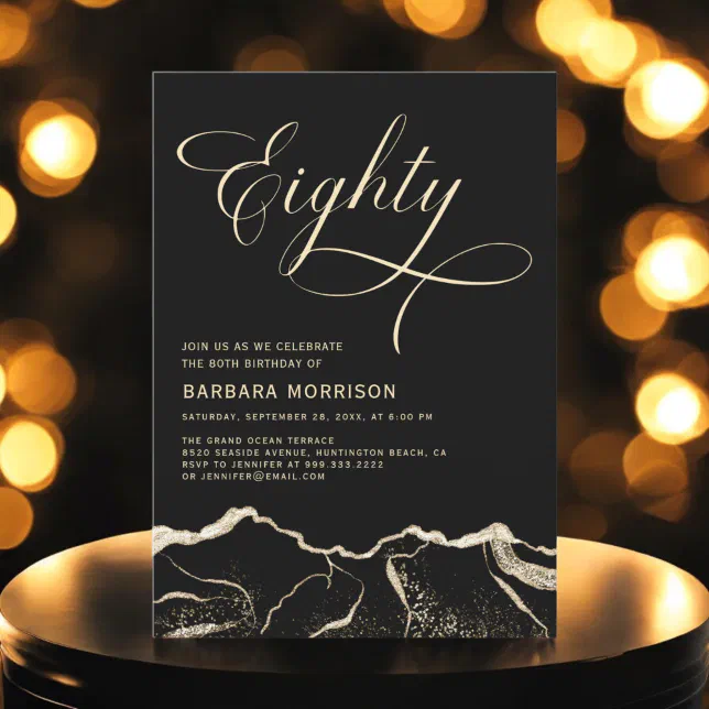 Black Gold Agate 80th eighty Birthday Party Invitation | Zazzle