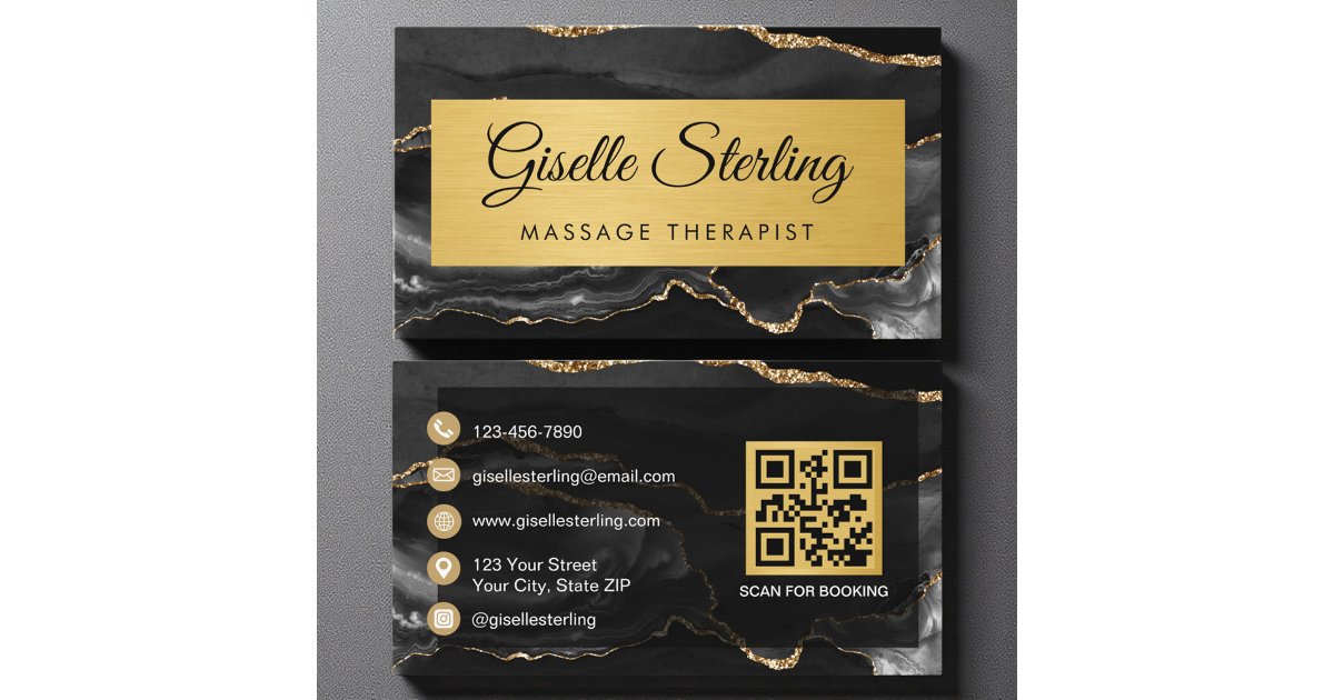 Black Gold Agate Massage Therapist Glitter QR Code Business Card | Zazzle
