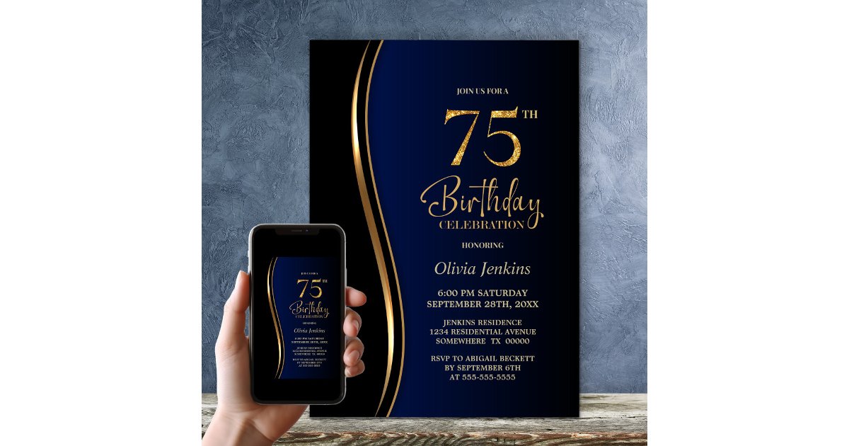 Black Gold Blue 75th Birthday Party Invitation | Zazzle
