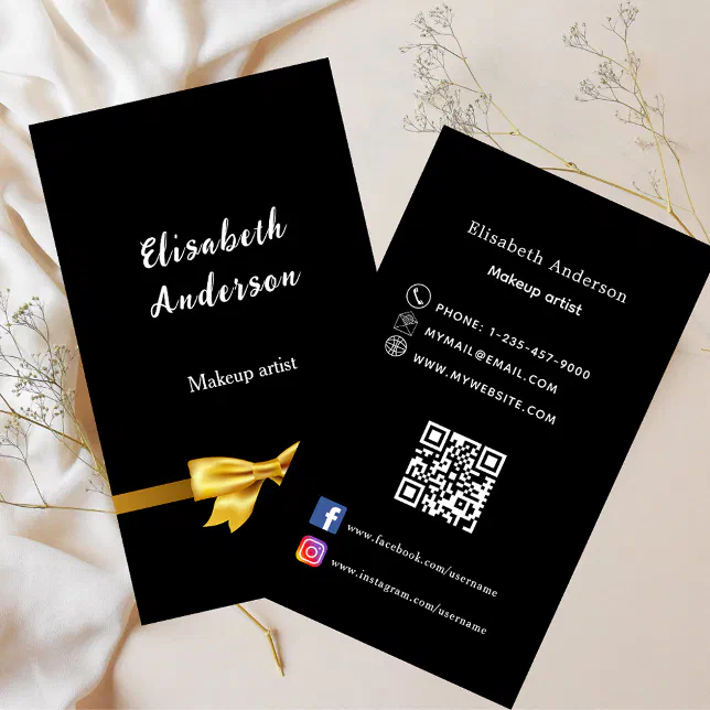 Black gold bow Qr code social media Business Card | Zazzle