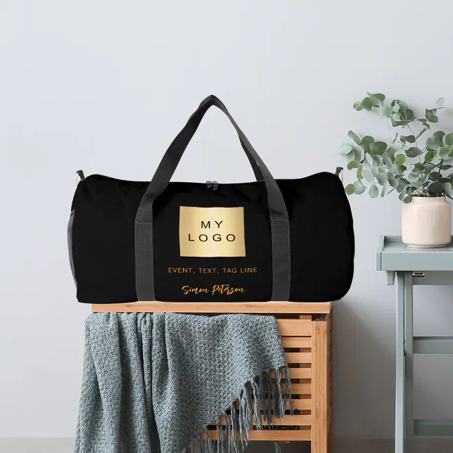 Black gold business logo name signature duffle bag | Zazzle