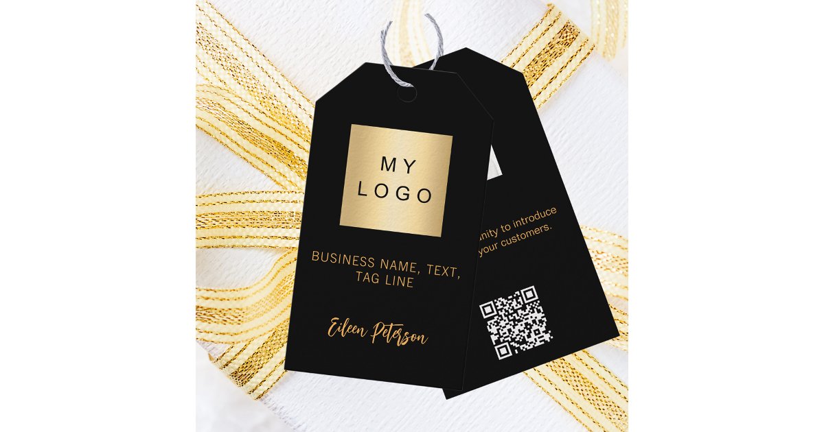 Black gold business logo photo QR code hang tag | Zazzle