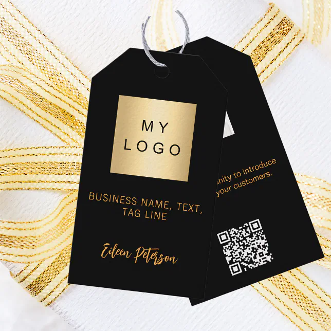 Black gold business logo photo QR code hang tag | Zazzle