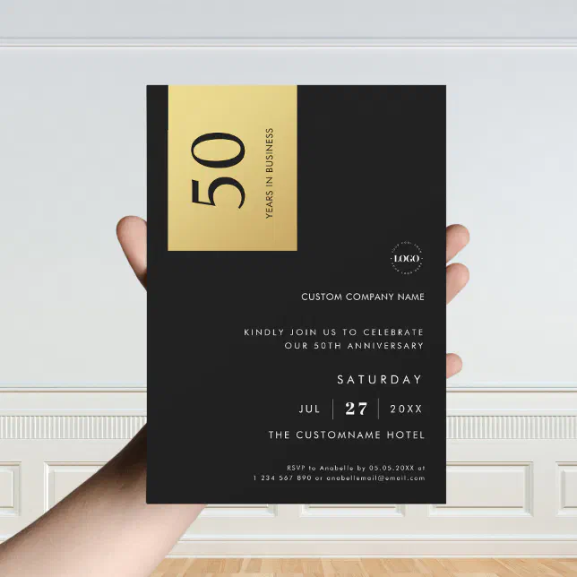 Black Gold Colour Block Business Anniversary Party Invitation | Zazzle
