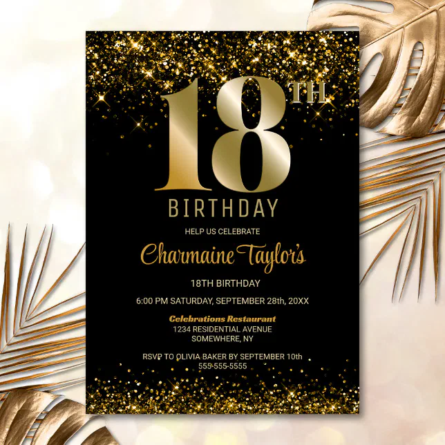 Black Gold Glitter 18th Birthday Party Invitation | Zazzle