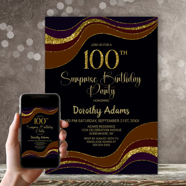 Black Gold Glitter Surprise 100th Birthday Party Invitation | Zazzle