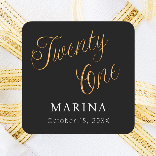 Black gold name script 21st birthday square sticker | Zazzle