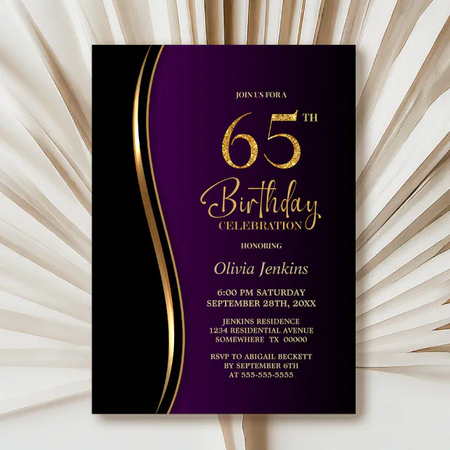 Black Gold Purple 65th Birthday Party Invitation | Zazzle