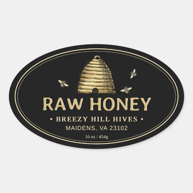 Black Honey Label Gold Skep Bees Double Border | Zazzle