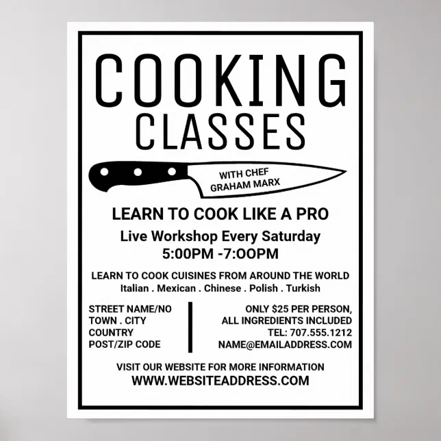 Black Knife, Gourmet, Cooking Classes Advertising Poster | Zazzle