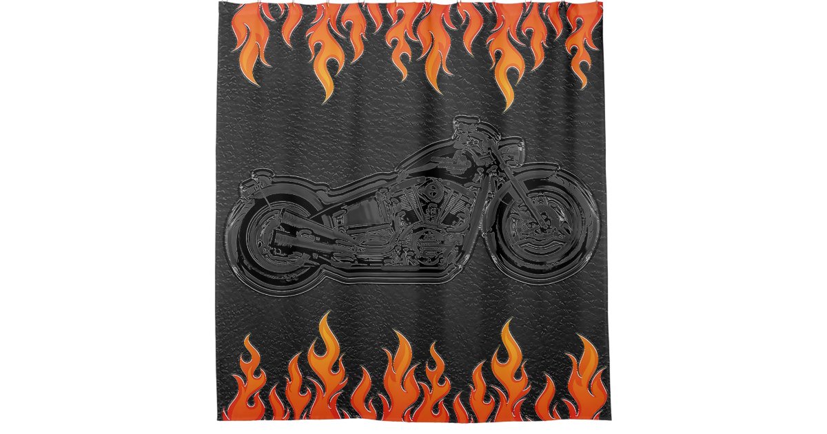 Black Leather Orange Flames Hot Fire Motorcycle Shower Curtain | Zazzle