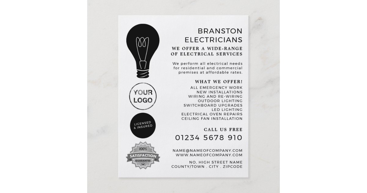 Black Lightbulb, Electrician Advertising Flyer | Zazzle
