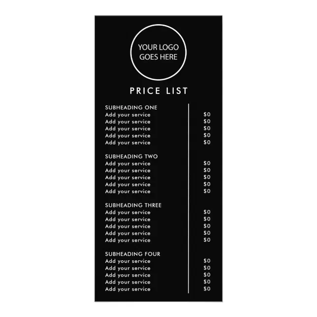 Black Minimalist Modern Logo Price List Rack Card | Zazzle