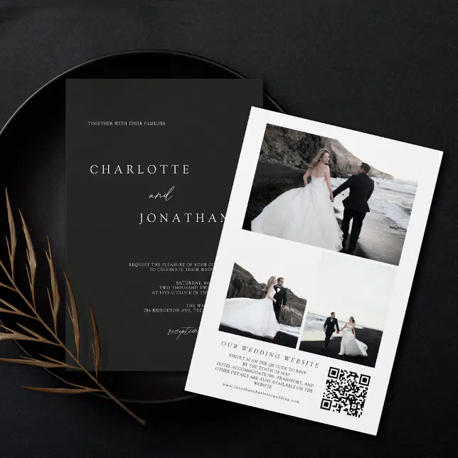 Black Minimalist Photo Collage QR Code Wedding Invitation | Zazzle