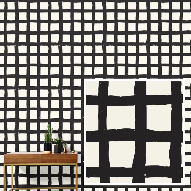 Black on Bone Grid Squares Wallpaper | Zazzle