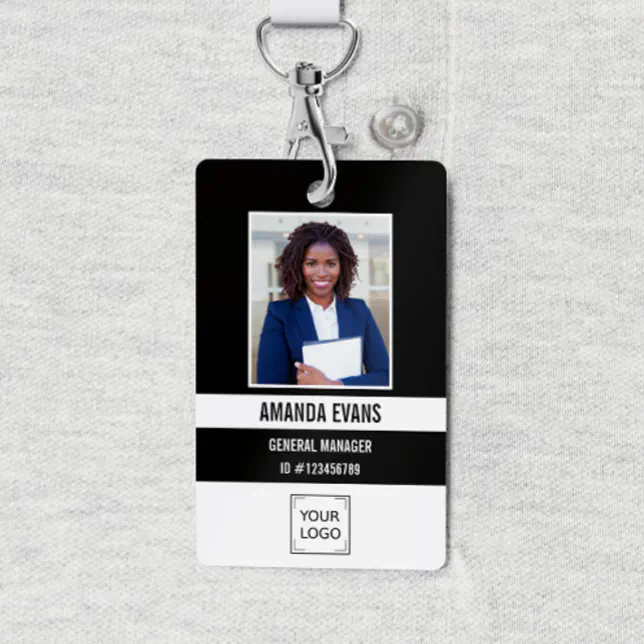 Black | Photo Employee Logo or QR CODE Security ID Badge | Zazzle