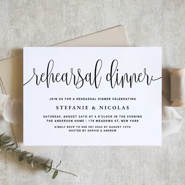 Black Pretty Calligraphy Rehearsal Dinner Invitation | Zazzle