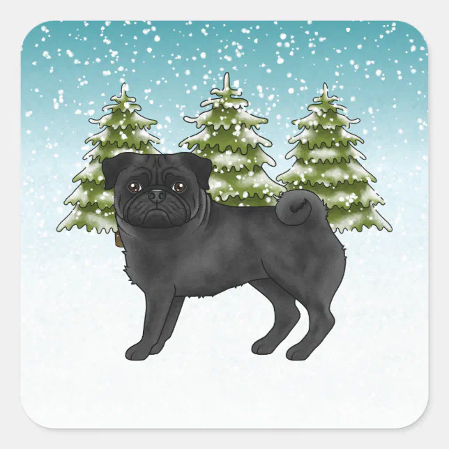 Black Pug Cute Cartoon Dog Snowy Winter Forest Square Sticker | Zazzle