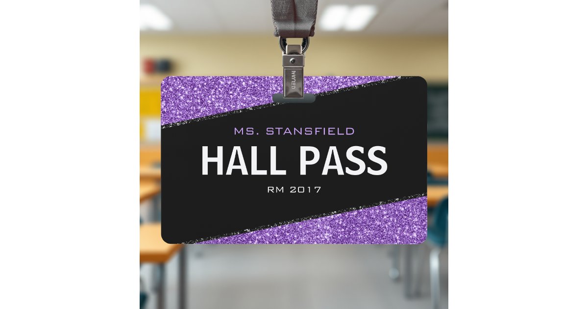 Black & Purple Glitter School Teacher Hall Pass ID Badge | Zazzle
