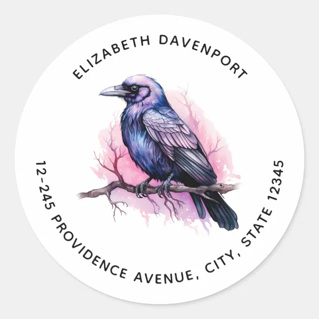 Black Raven on a Branch Illustration Address Classic Round Sticker | Zazzle