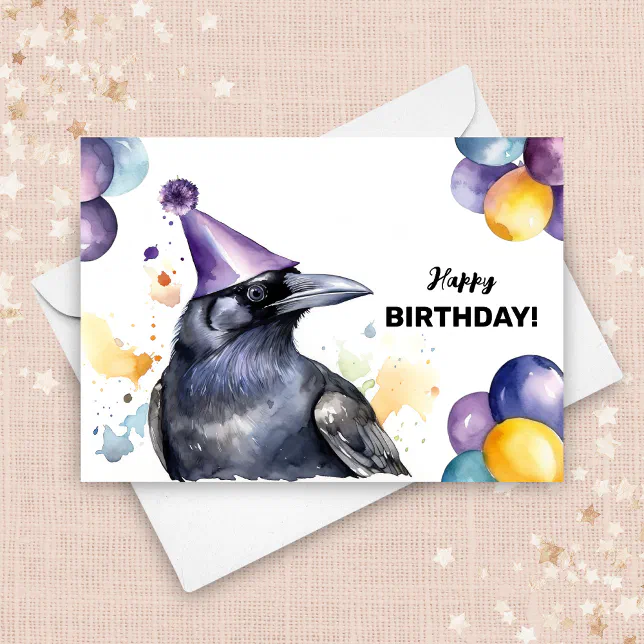 Black Raven with Balloons and Party Hat Birthday Card | Zazzle