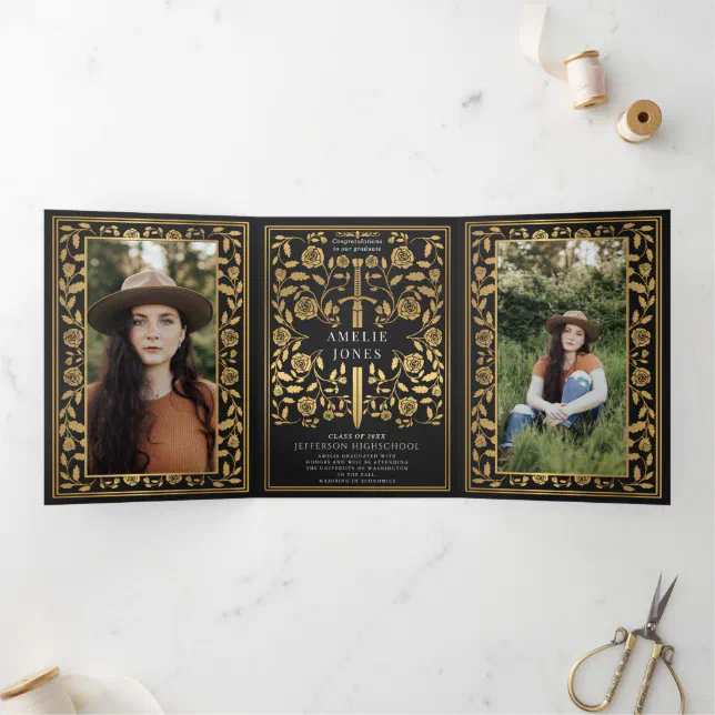 Black Royal Mediaeval Sword Photo Graduation Party Tri-Fold Invitation ...